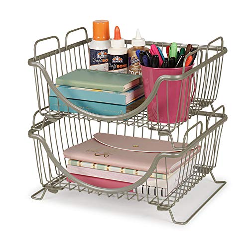 Spectrum Diversified Ashley Stackable Tray, Wire Basket with Raised Feet and Looped Handles Modular Stacking Bin System for Kitchen Countertop & Desk Organization, Satin Nickel