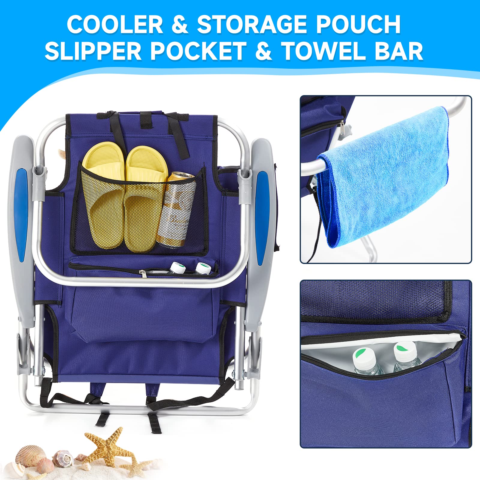 Canpsky Portable Camping Beach Chair for Adults, Lay Flat Folding Backpack Beach Chair with 4 Positions, Lightweight Beach Chairs with Headrest, Cooler Pouch, Cup Holder for Sand Party, Navy