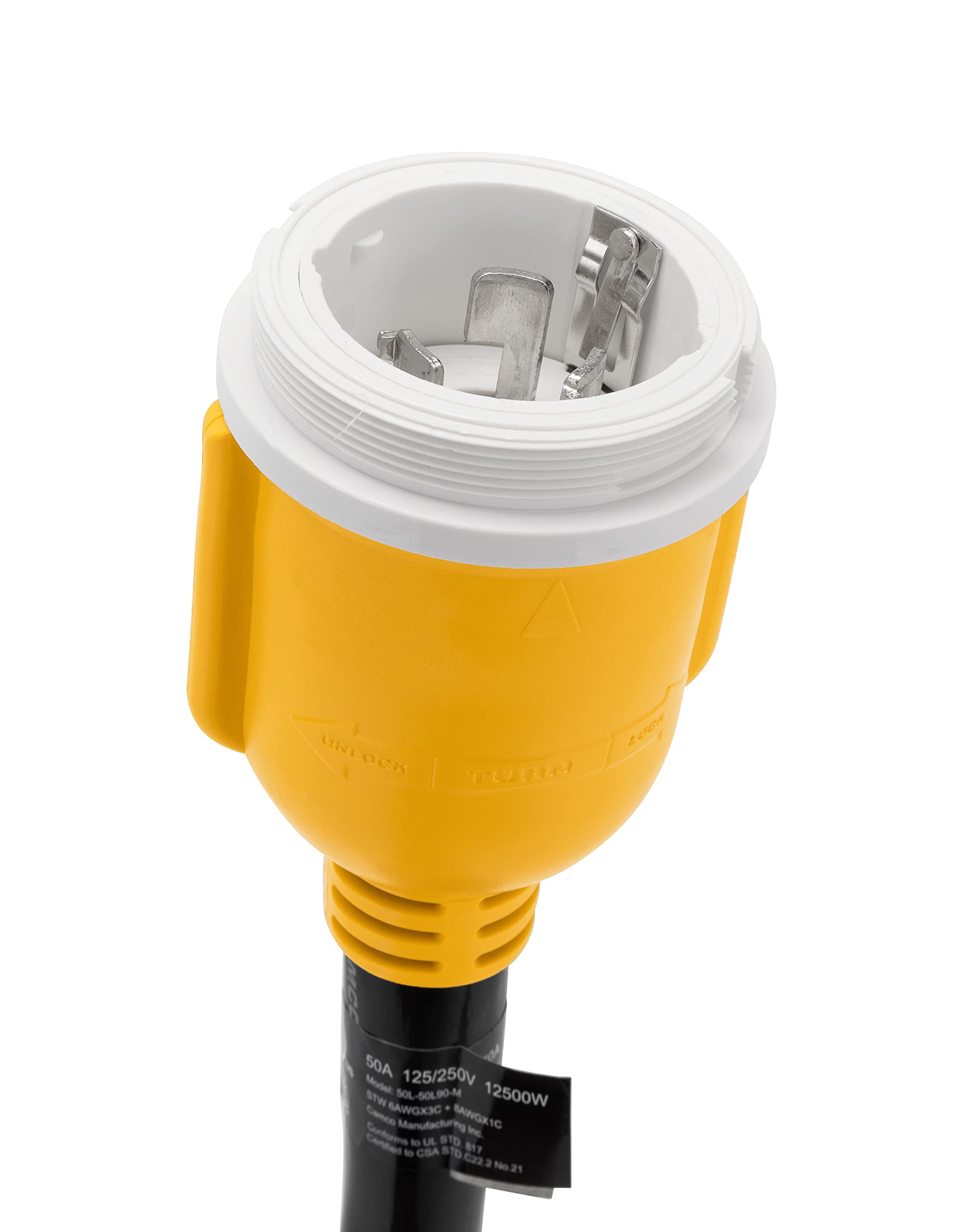 Camco Power Grip 18" Dogbone Extension Cord Adapter with 50-Amp Power Locking Male and 50-Amp 90-Degree Locking Female Ends for Electrical Connection