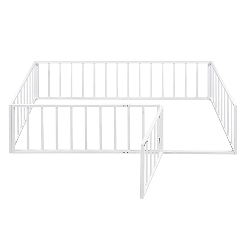 DNYN Twin Size Metal Floor Bed Frame with Door for Kids Bedroom,Metal Struture Bedframe w/Fence,No Box Spring Needed,77" x 41.1"x 21.7"H, White