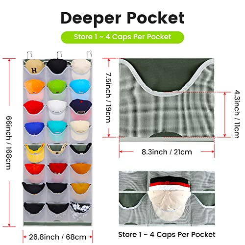 Hat Racks for Baseball Caps, Baseball Hat Organizer Ball Cap Holder with 24 Breathable Mesh Pockets, Hat Storage Hanger with 4 Metal Hooks and 3 Adhesive Velcro Strips