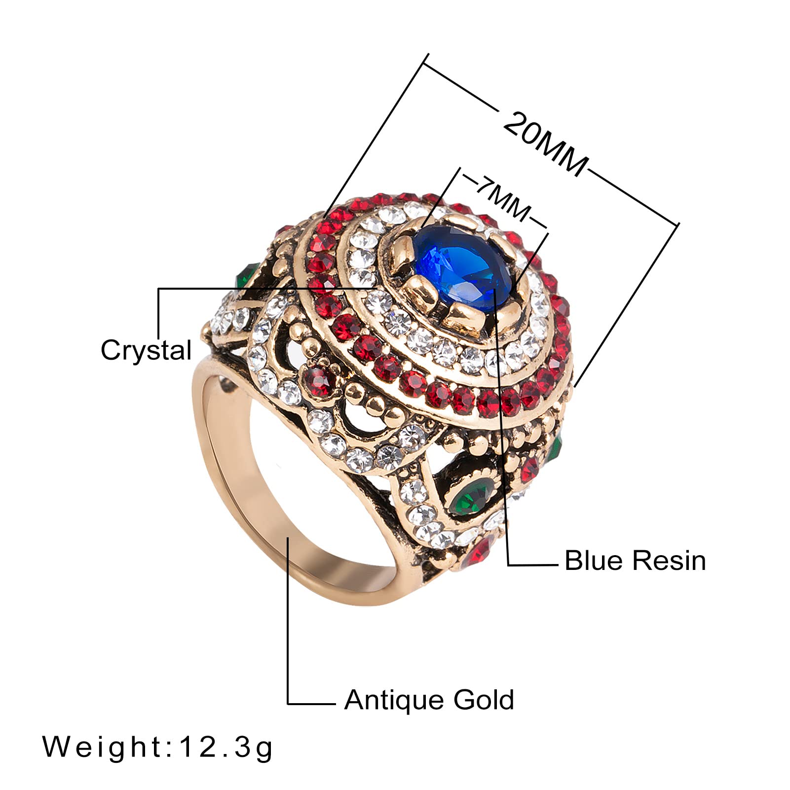 CKHAO Women Ring - 20mm Big Size Antique Gold Plated Turkish Style Blue Gemstone Vintage Ring Women Jewelry J0775BLUE (10)