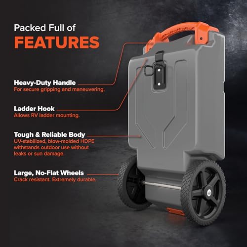 Camco Rhino 15-Gallon Portable Camper / RV Tote Tank - Features Large Heavy-Duty No-Flat Wheels & Low Drain Hole - Includes Removable Steel Tow Adapter, 3β RV Sewer Hose & More RV Accessories (39000)