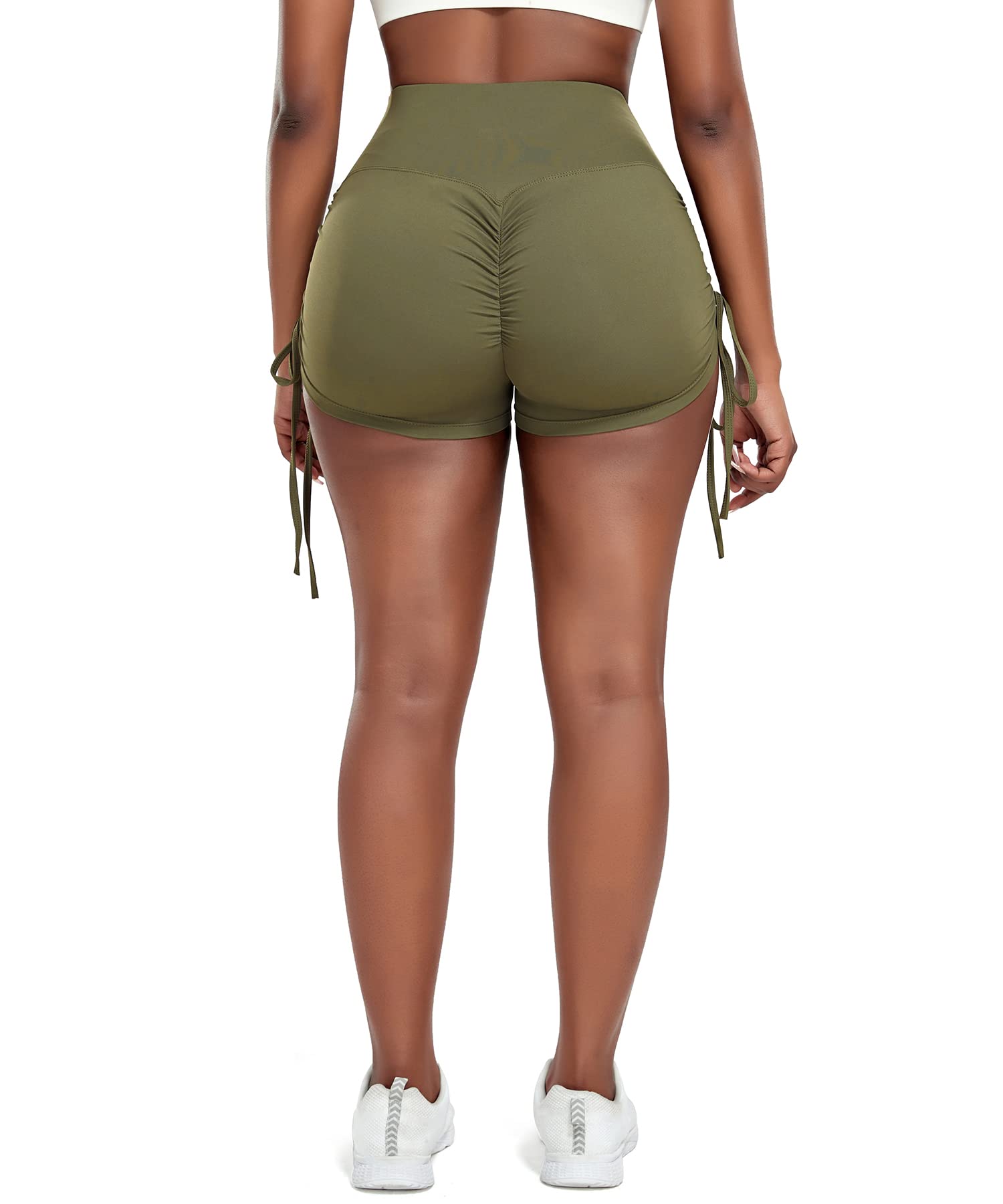 COLO Women's High Waisted Butt Lifting Shorts Workout Yoga Tummy Control Ruched Booty Lift Drawstring Shorts Running Shorts Green S