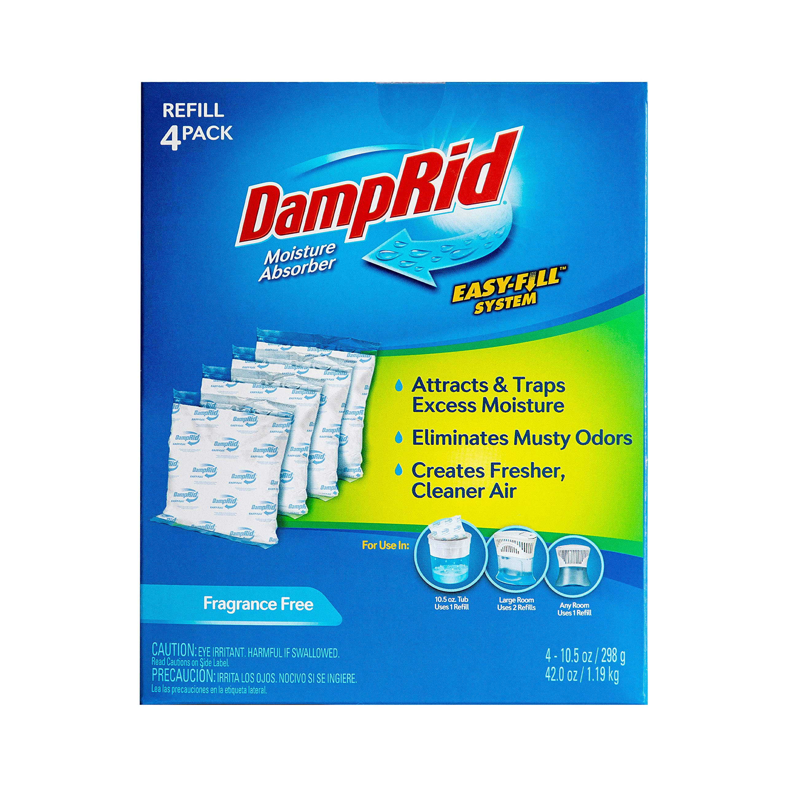 DampRid 10.5 oz Fragrance Free Absorber Easy Fill Refill Packs-4 Count β Attracts & Traps Moisture for Fresher, Cleaner Air, Blue/White