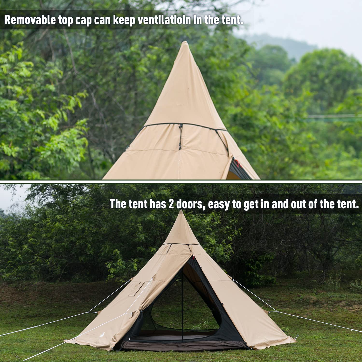 Canvas Hot Tent Tipi Tent Camping Teepee with Stove Jack Canvas Bell Tent 2-4 Person Yurt Tent -YARN Plus (Khaki)