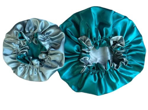 KiraBelle Matching Mommy and Me Satin Bonnet Set w/Travel Bag (Turquoise) Mother's Day, Birthday, Christmas