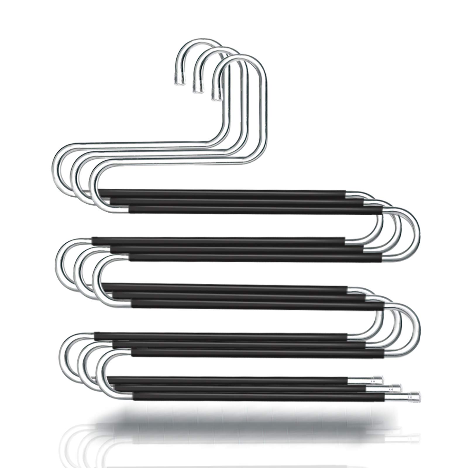 HonTop 3 Pack Pants Hangers S-Shape 5 Layers Stainless Steel with Black Silicone Coating Multi Clothes Cascading Pants Hangers Space Saving Clothes Organizer for Jeans Pants Scarf Ties Towels