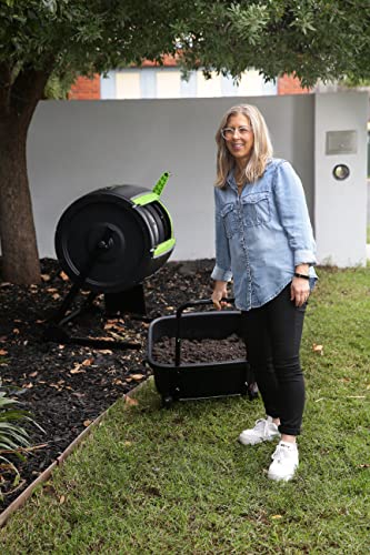 Maze 65 Gallon Dual Chamber Compost Tumbler with Large Double Door and Open Base and Comes with Maze Compost Cart