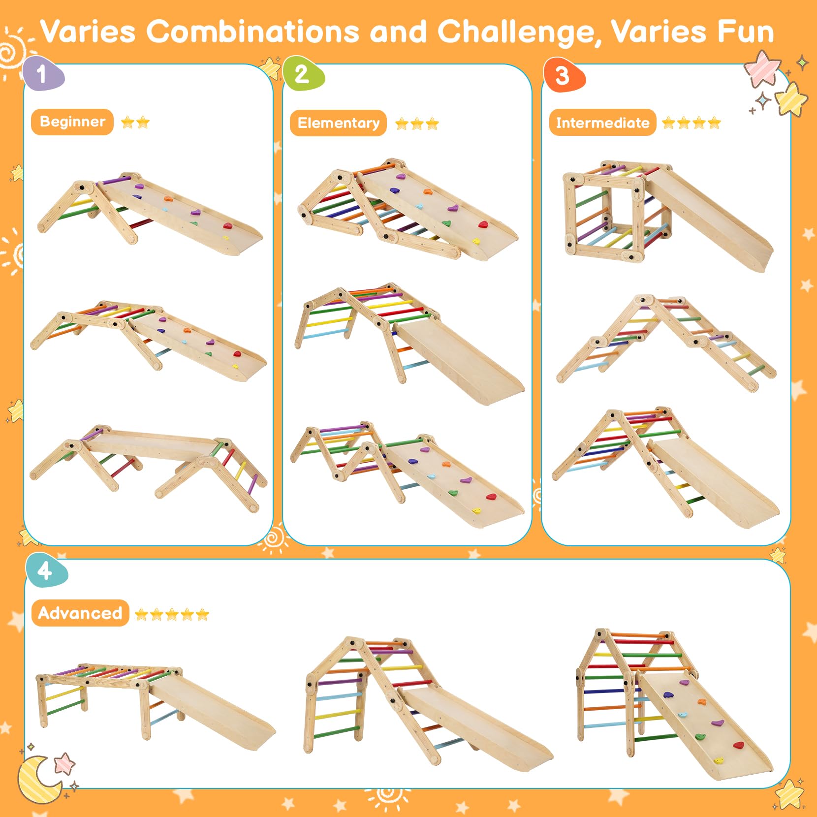 Dripex Pikler Triangle Set, Foldable 20-in-1 Climbing Triangle with Thickened 2-in-1 Ramp, Montessori Wooden Indoor Playground and Gym for Toddlers(Colorful)