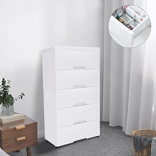 DNYSYSJ 5 Drawer Plastic Dresser Storage Cabinet, Stackable Storage Stand Tower, Closet Organizer Units for Home Office Bedroom and Hallway Entryway 17.72 * 11.81 * 33.07" (White)