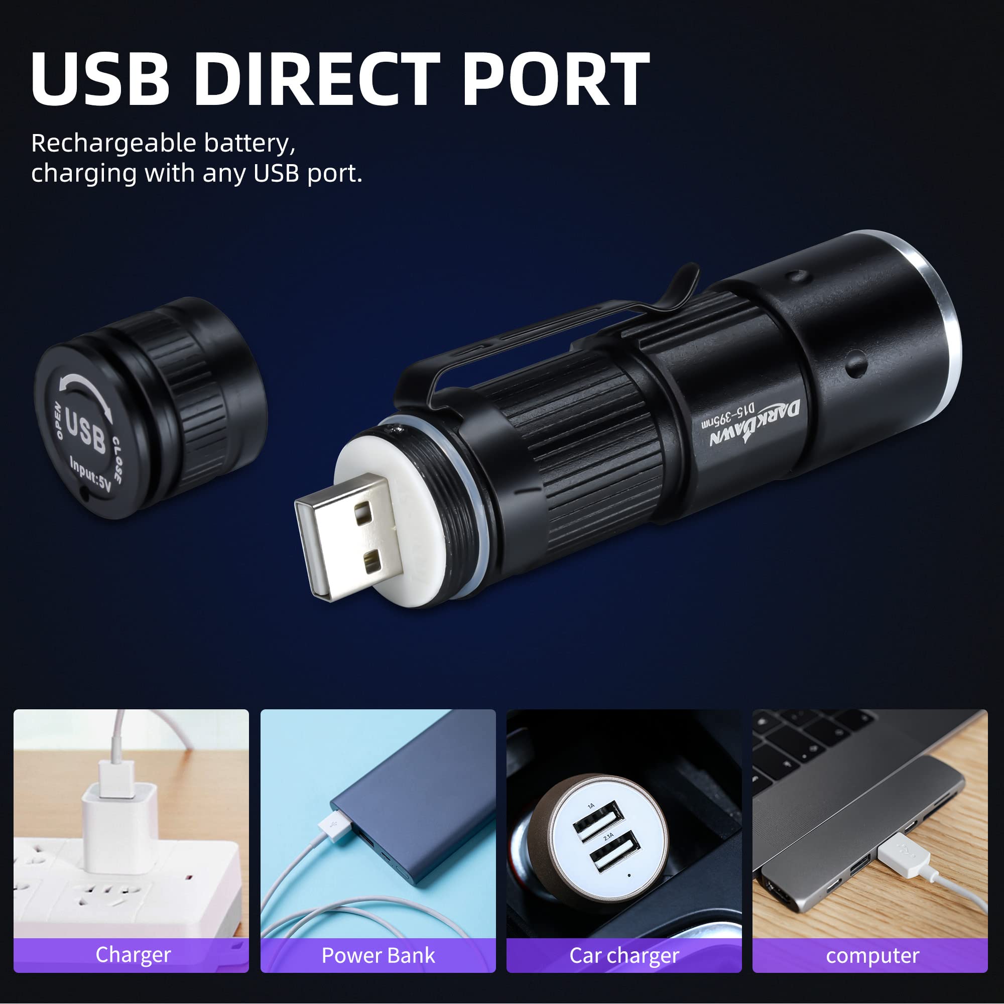 DARKDAWN UV 395nm Light Flashlights USB Rechargeable Ultraviolet LED Blacklight Mini Wood’s Lamp Portable Blacklight for cat Urine Detection Dry Stains, Uranium Glass, Leak Detection, D15 395 nm