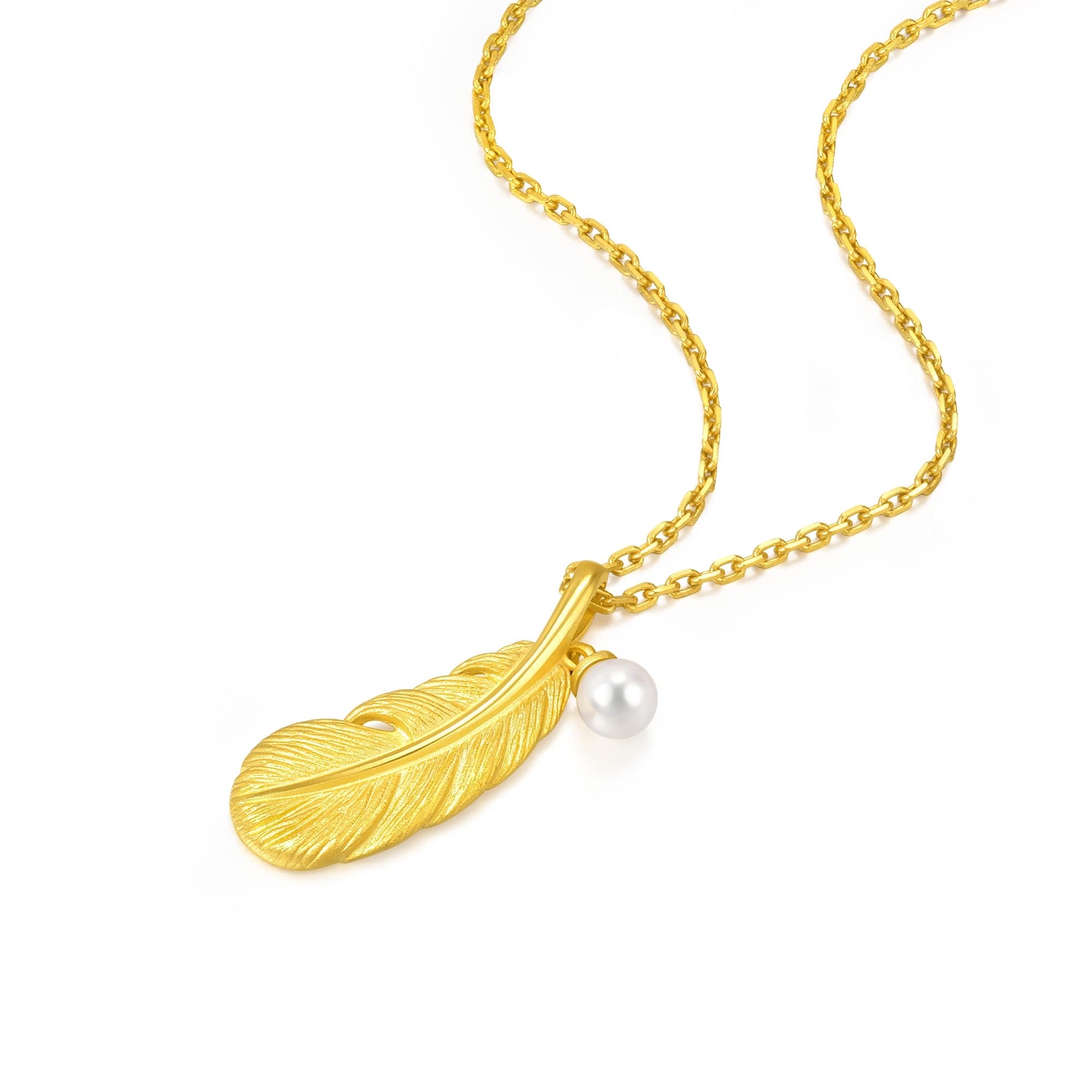 CHOW SANG SANG 999.9 24K Solid Gold Price-by-Weight 2.24g Gold Feather with Pearl Pendant for Women 93640P | [Not Include the Necklace]