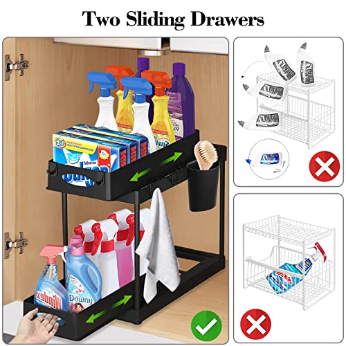 GzfunTeng Under Kitchen Sink Organizer and Storage, 2 Tier Sliding Bathroom Organizer, Pull Out Cabinet Organizer with 4 Hooks, 1 Hanging Cups, Finishing Storage Rack