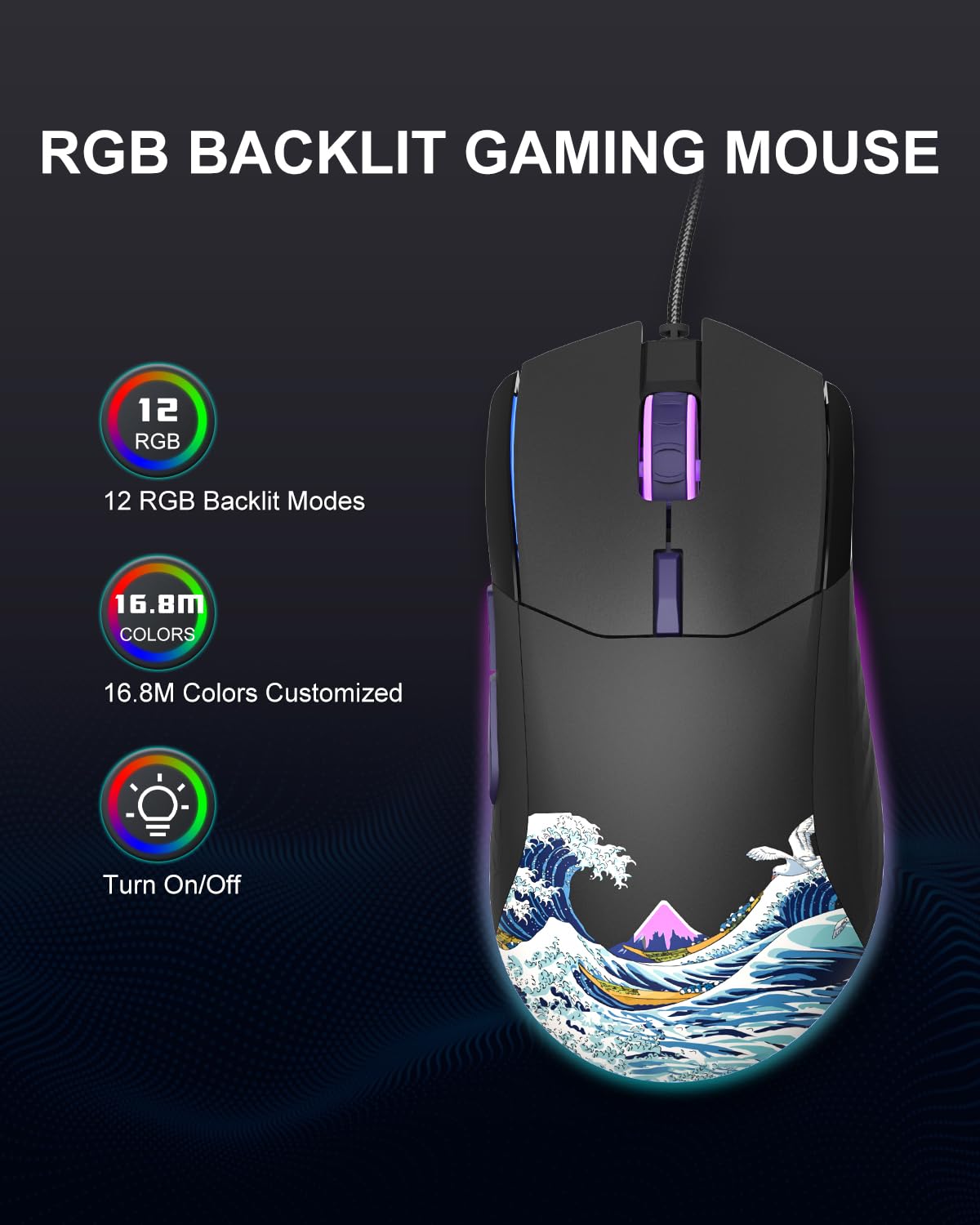 COSTOM G705 Wired Gaming Mouse, RGB Backlit PC Gaming Mouse with Adjustable 12000DPI/7 Programmable Buttons, Gamer Computer USB Mouse for Windows Mac Laptop PC, Coral Sea Theme
