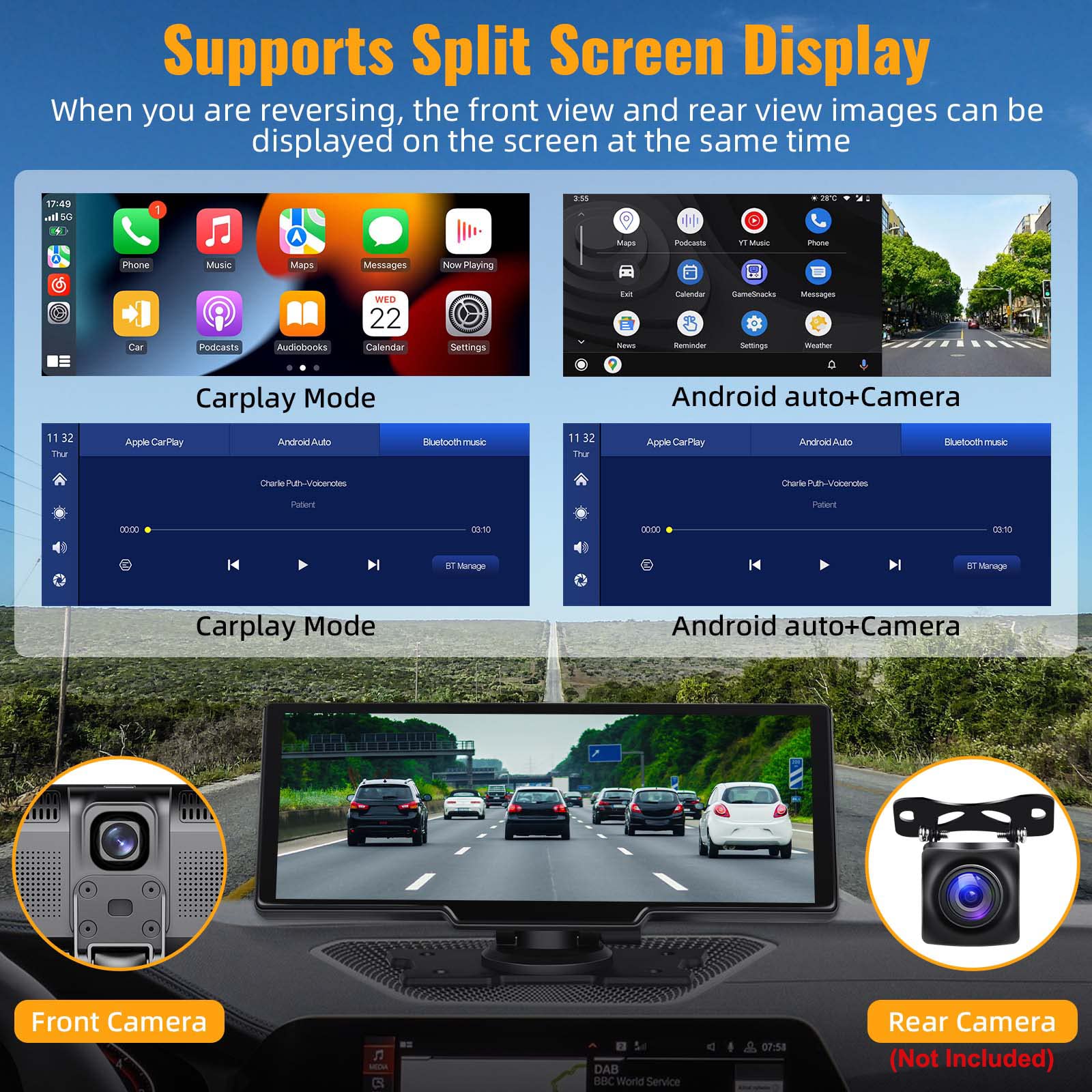 CAMECHO Wireless Apple Carplay Portable Car Stereo Android Auto, 9.3” HD Touchscreen CarPlay Screen, Portable Car Radio Support Bluetooth GPS Voice Control FM Dual Camera + 64G TF Card Car Charger