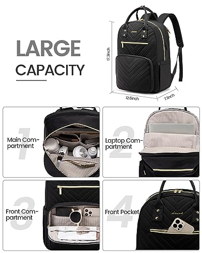 LOVEVOOK Quilted Laptop Backpack for Women, Large Capacity Travel Backpack with Luggage Strap, Stylish Women Backpack with USB Port, Waterproof Anti-Theft Work Backpack for Business Casual Black