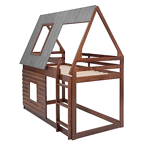 Merax Twin Over Twin Bunk Bed Wood Frame with Roof, Ladder and 2 Windows for Kids Teens Girls Boys,Oak & Smoky Grey
