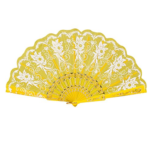 Dance Party Wedding Lace Hand Fan Chinese/Spanish Held Style Silk Flower Folding Tools & Home Improvement Honeycomb Balls Space (Yellow, One Size)