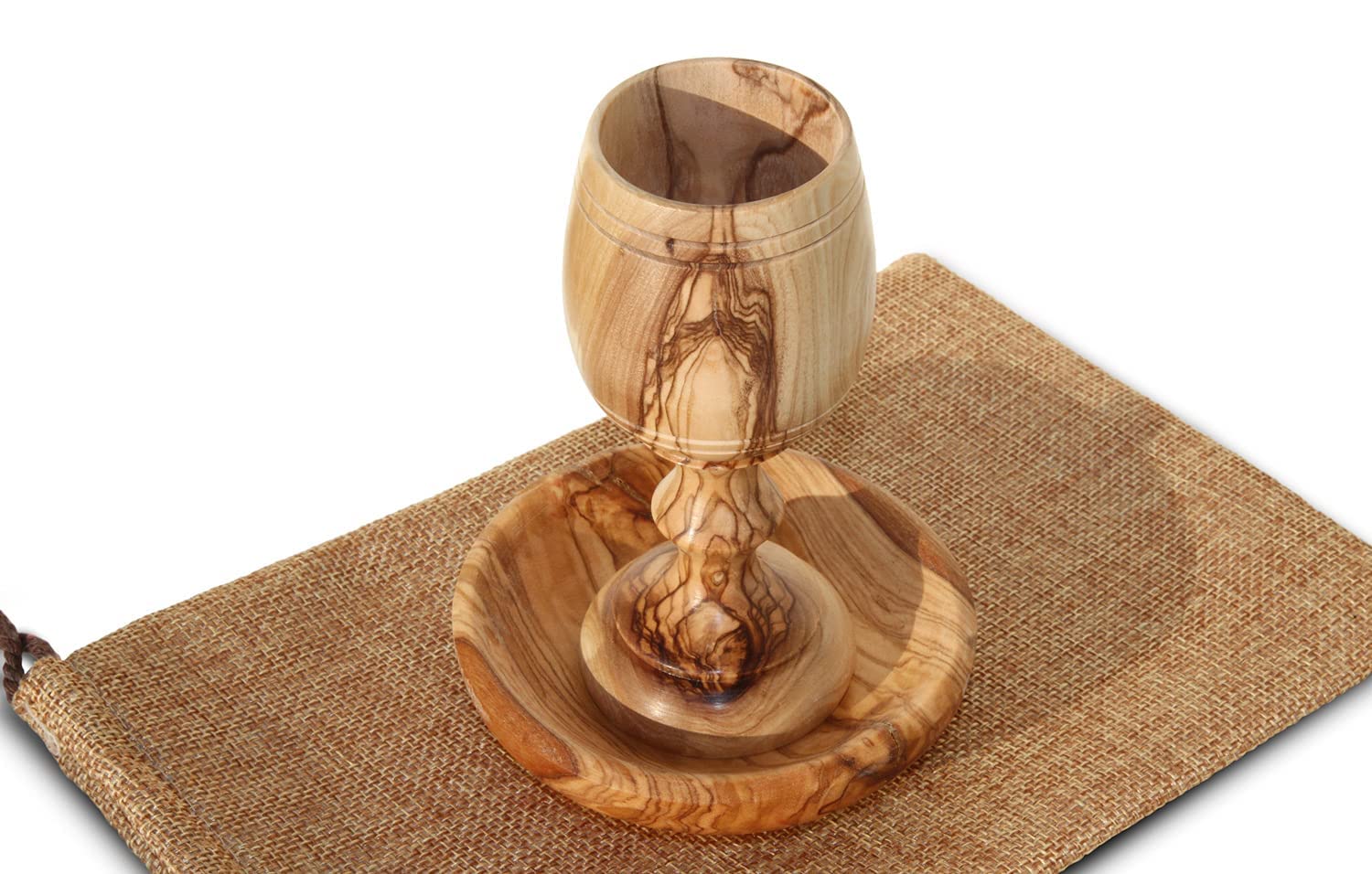 Communion Cups, Goblet, Chalice - the Lord's Supper - Wooden Bread Tray with Handmade Olive Wood Kiddush Cup also for Eucharist of the Holy Communion in Christian Congregations in Gift Bag.