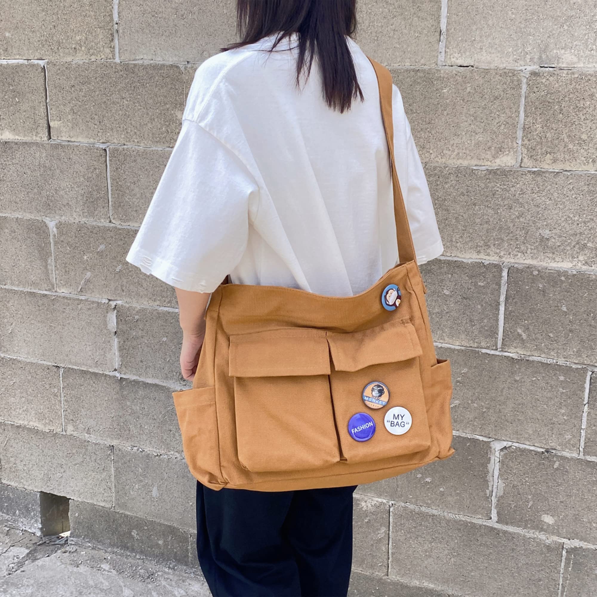 Canvas Messenger Bag Large Hobo Crossbody Bag with Multiple Pockets Shoulder Tote Bag for Women and Men (Beige)
