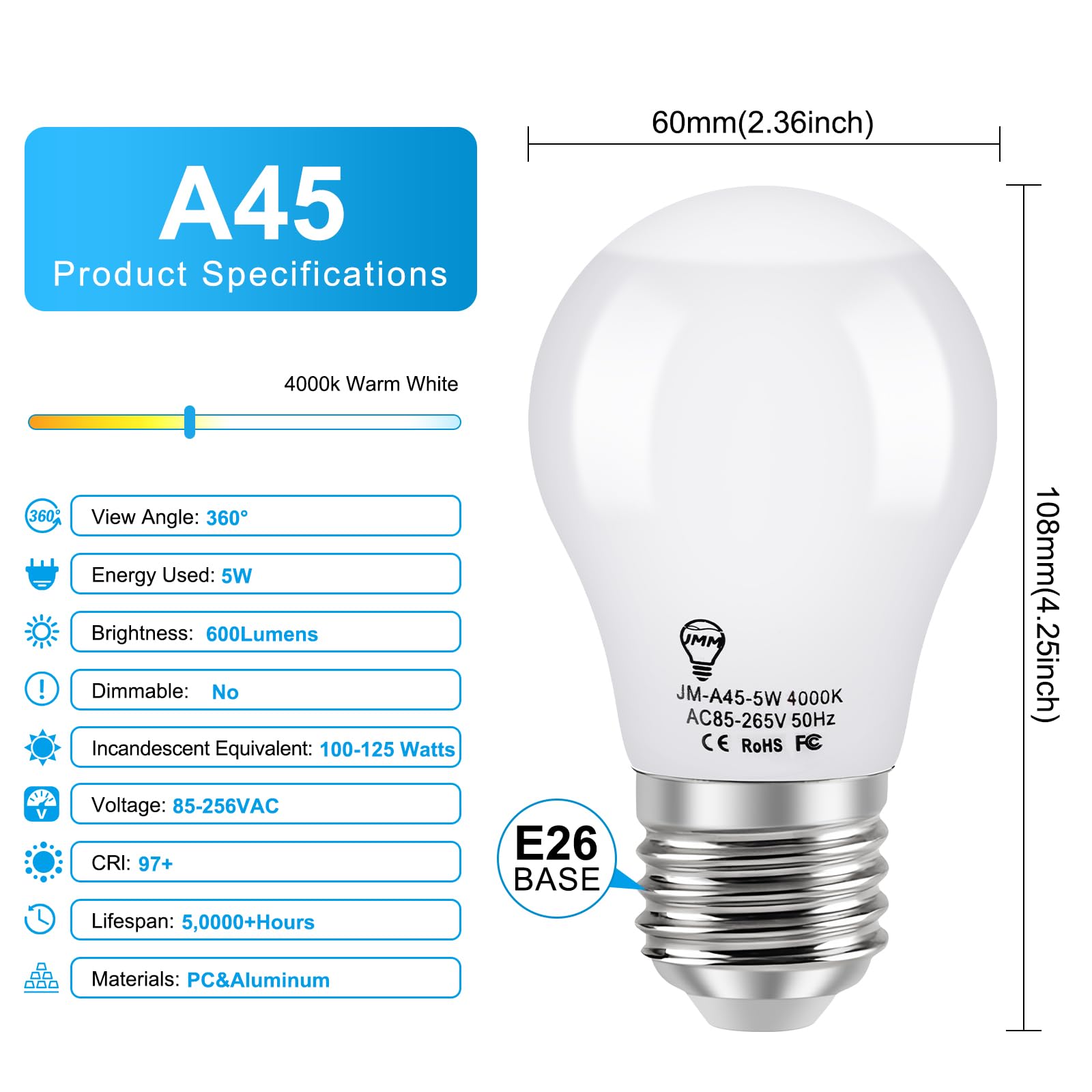 Frideko 2 Packs LED Light Bulbs, Eye Friendly Bulb, No-Flicker, No-Blue Light, Fall Resistance Light Bulb, A45 Bulb 4000K, Soft White Light, 600LM, Energy Efficient 5W, No-Dimmable
