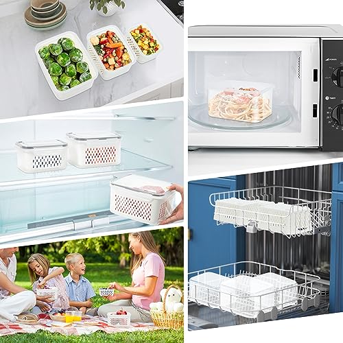 ODOMU 3 Pack Fridge Berry Storage Container with Lids with Strainer, Plastic Fresh Produce Saver Keeper for Vegetable Fruit Meat Lettuce, BPA Free Kitchen Refrigerator Organization (3.15L+1.7L+0.8L)