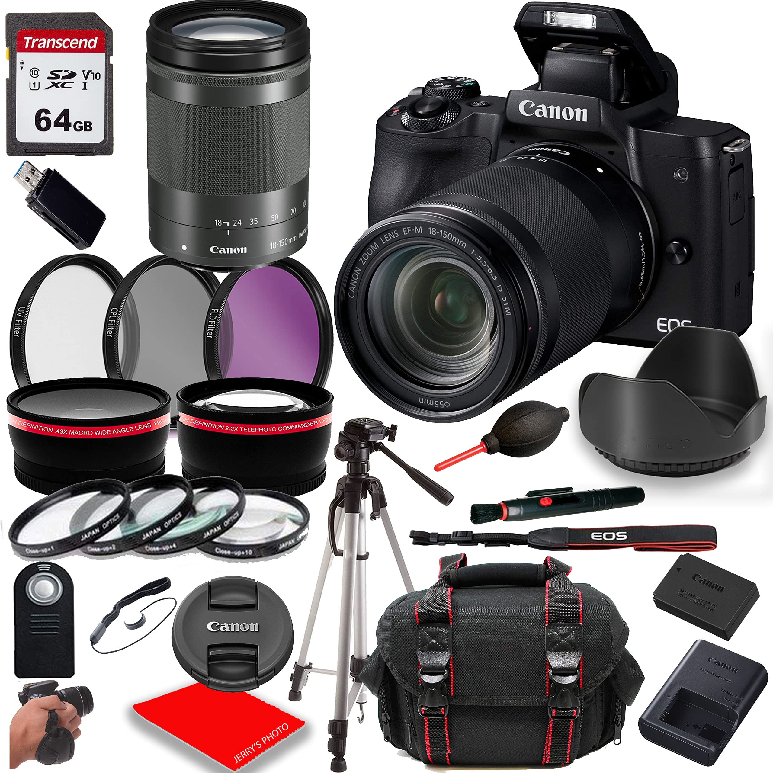 Canon EOS M50 Mark II Mirrorless Camera Canon EF-M 18-150mm f/3.5-6.3 is STM Lens + Case + 64GB Memory(26pc)
