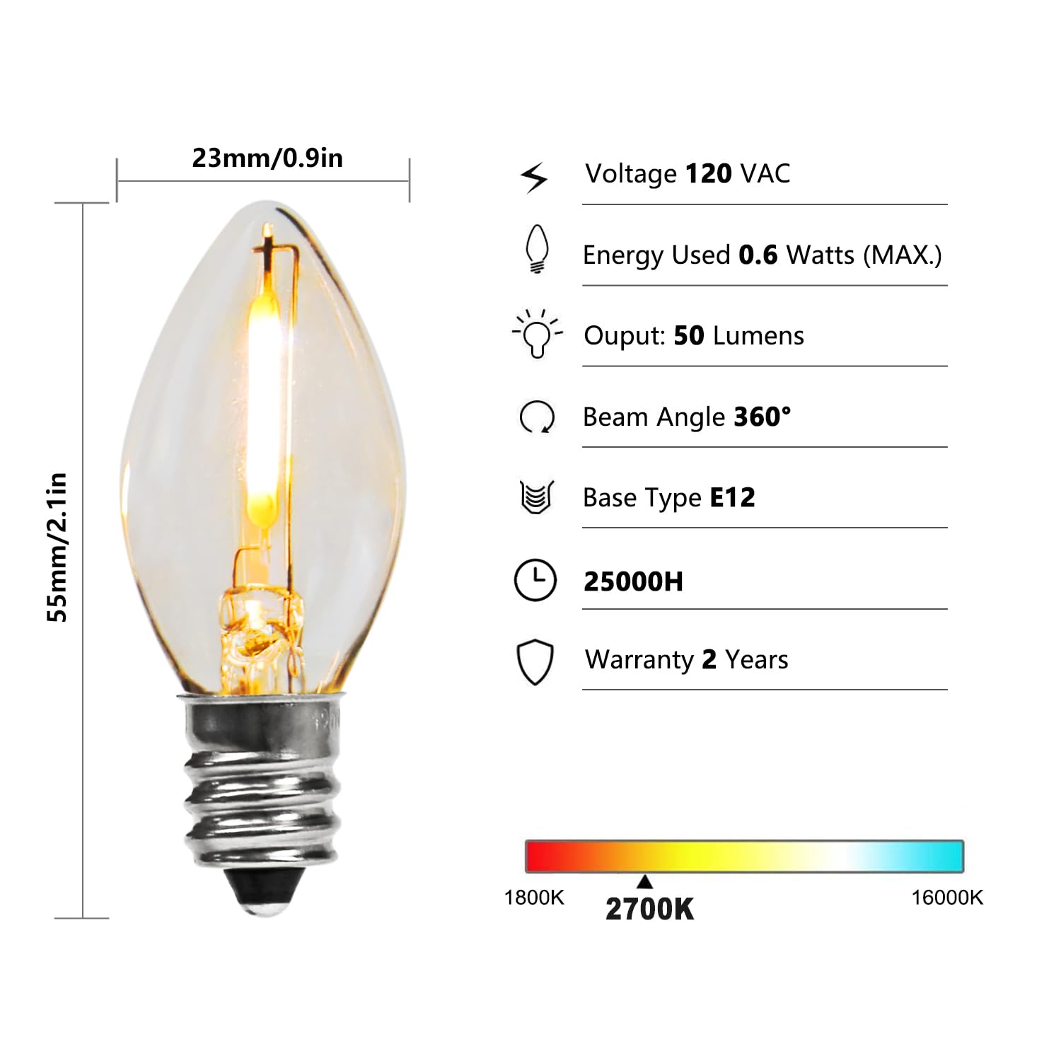 C7 LED Night Light Bulbs, 0.6Watt Equivalent to 7W, E12 Candelabra Small Base, Edison LED Light Bulbs, 2700K Warm White, Clear Plastic, Outdoor String Lights, 12 Pack, Non-Dimmable