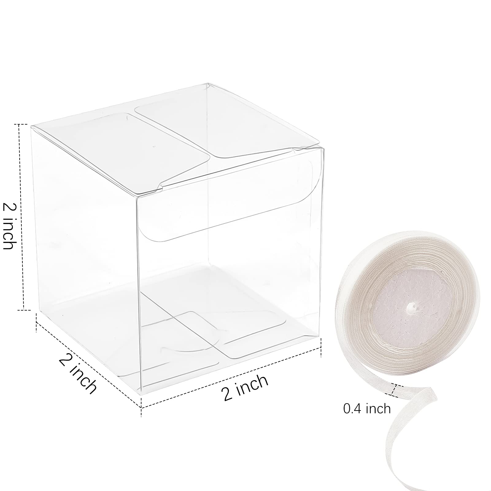 Jutieuo 100 Pack 2x2x2 Inches Clear Favor Boxes with Ribbons, Transparent Cube Treat Boxes for Candy Mini Cupcake & Chocolate Bomb, Individual Macaron Packaging Box for 2