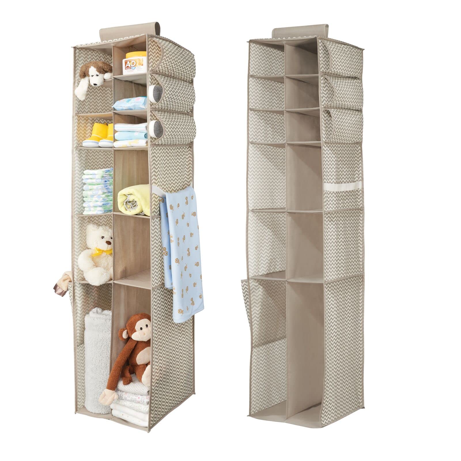 mDesign Long Soft Fabric Over Closet Rod Hanging Storage Organizer with 12 Divided Shelves, Side Pockets for Child/Kids Room or Nursery, Store Diapers, Wipes, Lotions, Toys - 2 Pack - Taupe/Natural