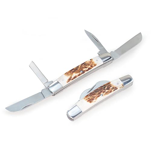 DIAMOON Small Folding Pocket Knife Tools 3.6β Medium Congress Classic Traditional Stag Handles with 4x 420 Stainless Blades, gift for dad, knife collectors