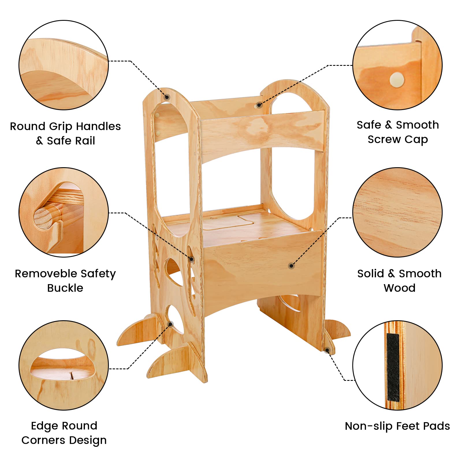 COMOMY Toddler Tower, Kids Step Stool with 4 Adjustable Heights, Safety Latch and Non-Slip Pad, Wooden Children Step Stool Kitchen Helper for Counter & Bathroom Sink