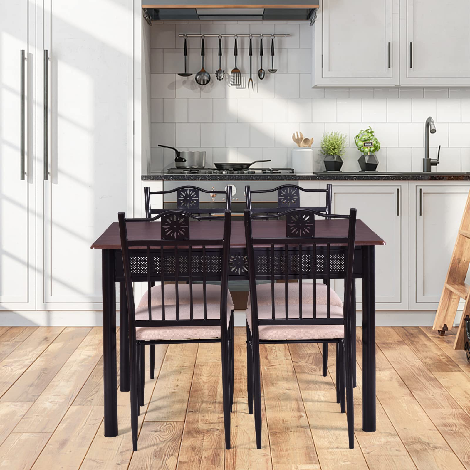 COSTWAY 5 Pieces Dining Table Set, Modern Kitchen Table Set for 4 Person, 42β Rectangular Table w/ 4 Upholstered Chairs, Bistro Table Set for Home, Coffee Shop & Restaurant (Brown)