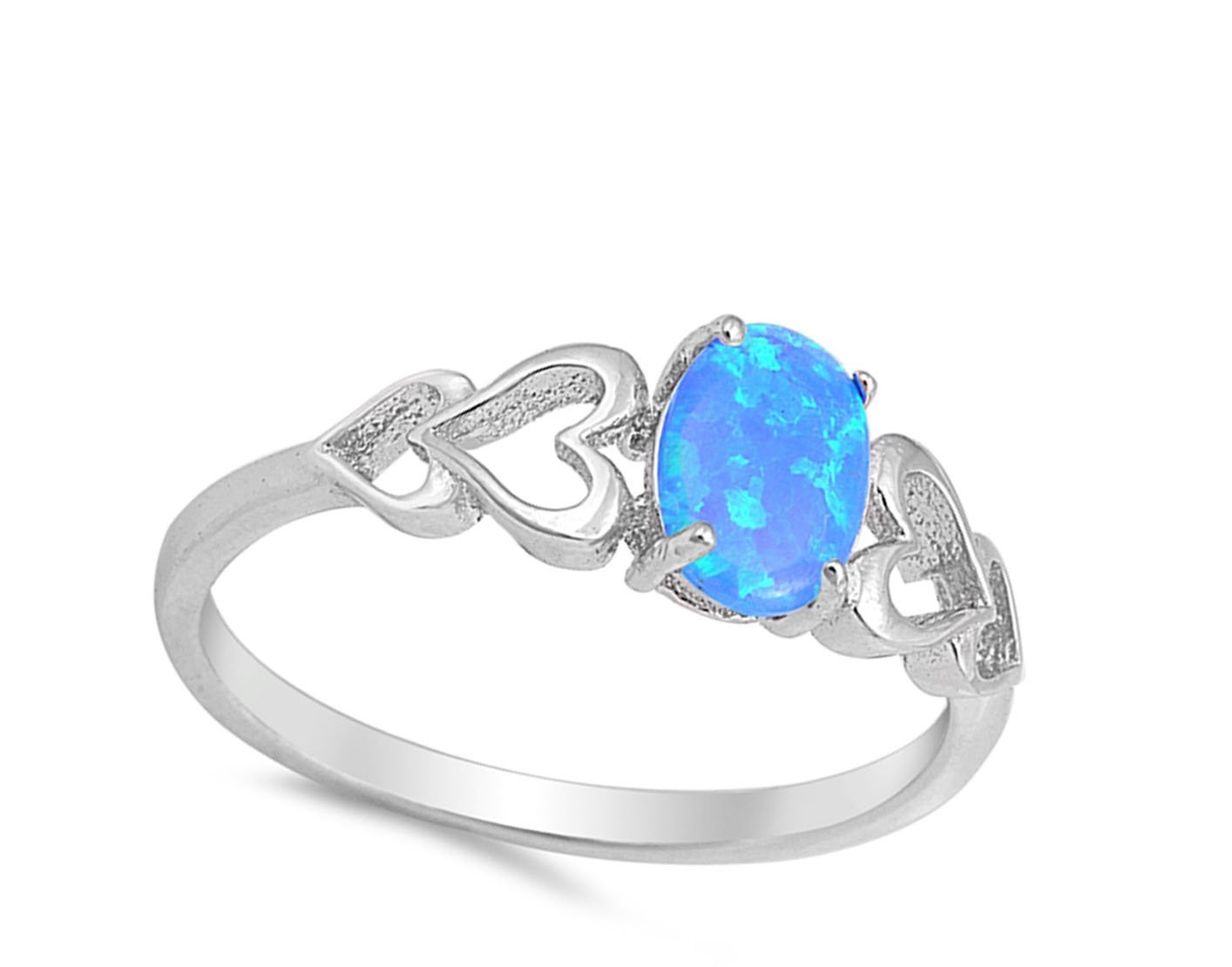 Blue Simulated Opal Oval Heart Cutout Promise Ring New .925 Sterling Silver Size 10