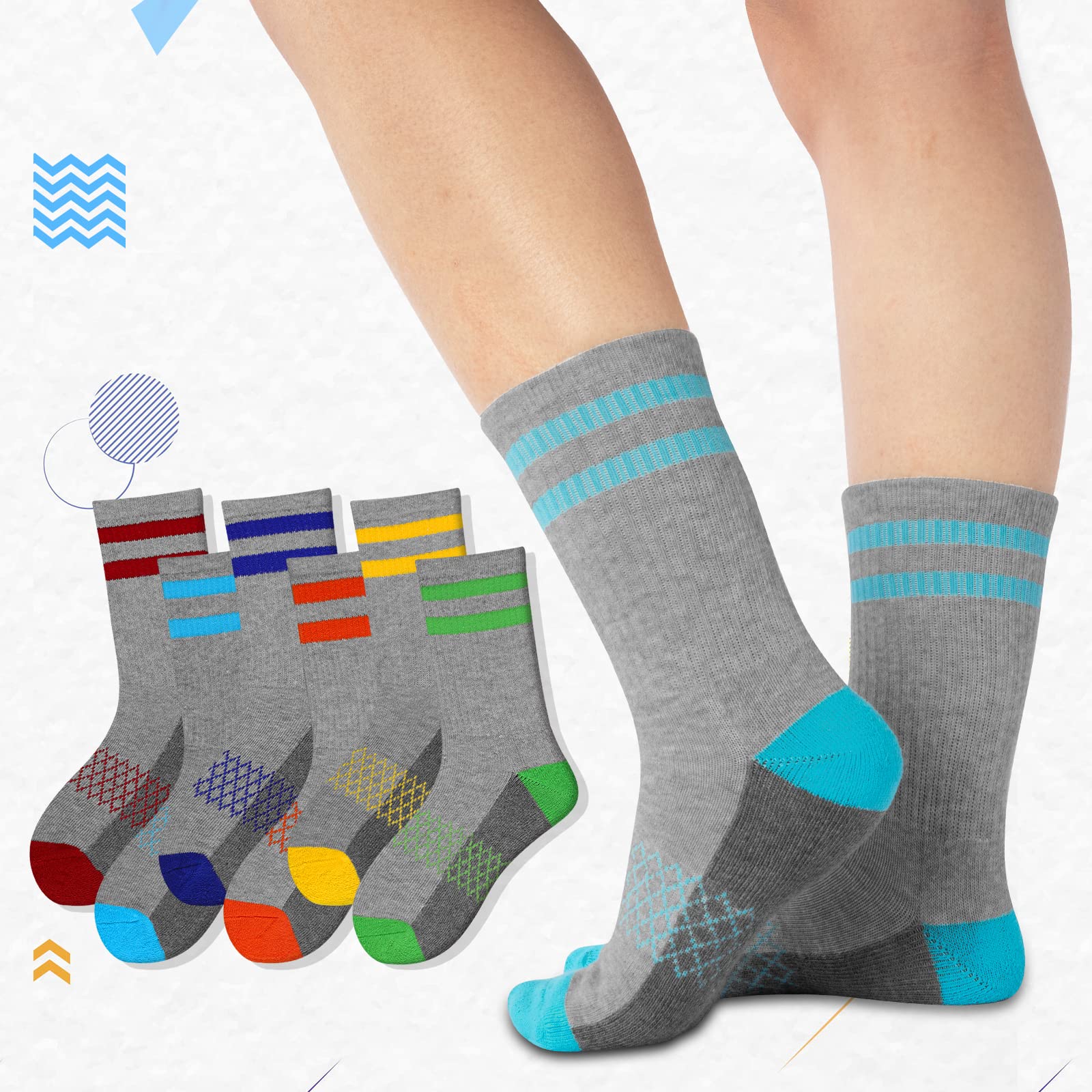 Comfoex Boys Crew Socks 8-10 6-8 4-6 Years Old Athletic Long Cotton Socks For Kids Half Cushioned Calf Socks 6 Pairs