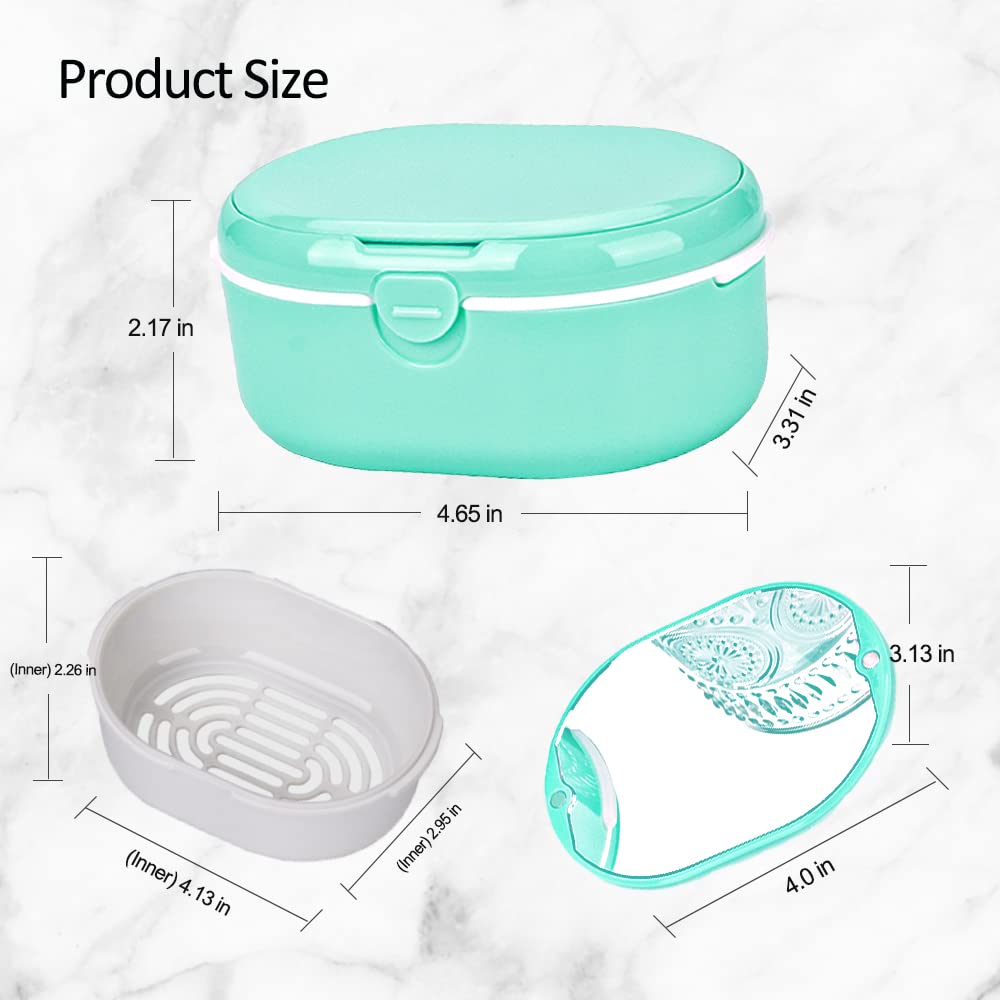 Denture Case, Double Denture Slot Cup Case Wet & Dry Portable Denture Case Portable False Teeth Container, Denture Cup with Lid for Cleaning Household Office Travel (Green)