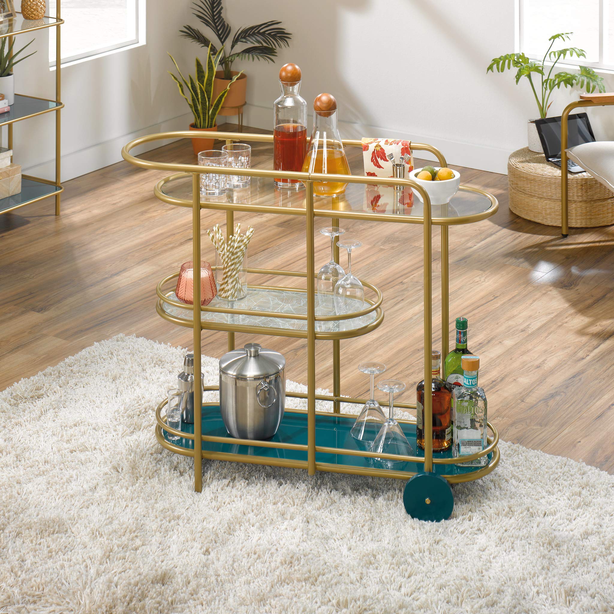 Sauder Coral Cape Bar Cart/Pantry cabinets, Satin Gold Finish