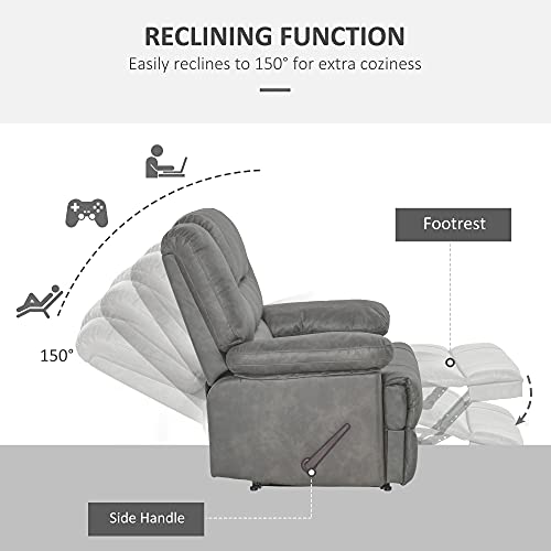 HOMCOM Manual Recliner Chair Overstuffed Single Sofa with Wide Cushioned Seat, Flip-Up Storage Armrests, 2 Cup Holders and Oversized Headrest, Grey