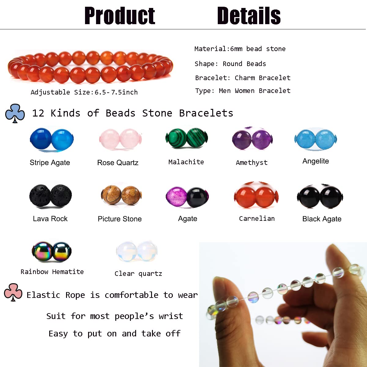 CASDAN 12Pcs 6mm Gemstone Beaded Bracelets for Women Tiny Crushed Stone Crystal Bracelet Beaded Couples Stretch Unisex Stretch Bracelets Jewelry