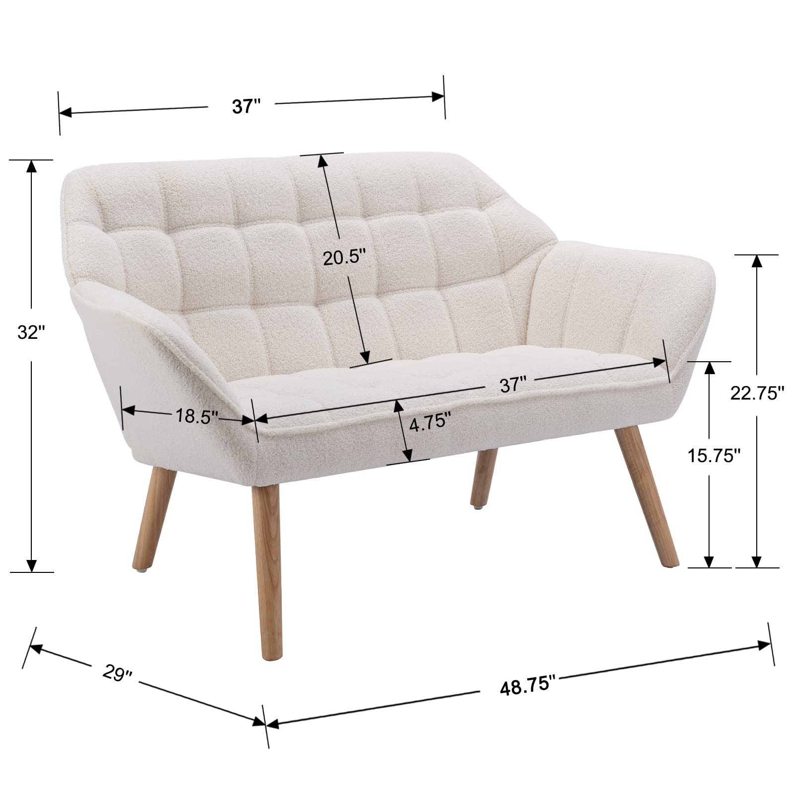 ZH4YOU 48" Small Loveseat for Small Spaces, Upholstered Fluffy White Loveseat Sofa, Mid Century Modern 2-Seater Couch with Armrest and Wood Legs for Bedroom, Living Room, Apartment, White