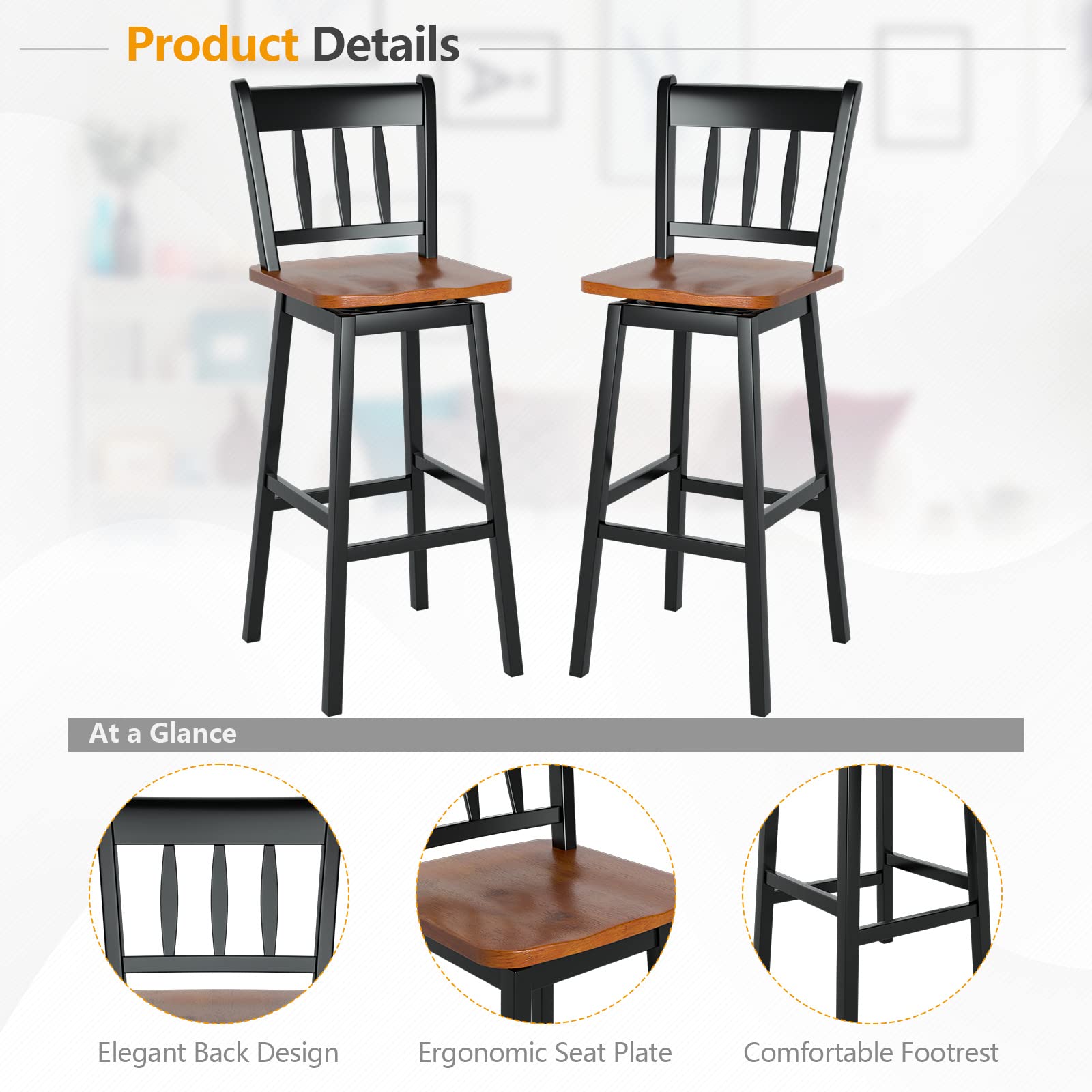 COSTWAY Bar Stools Set of 2, 30.5 Inch Solid Rubber Wood Bar Chairs with 360 °Swiveling, Footrest, Swivel Pub Height Barstools with Back Ideal for Kitchen Island, Counter, Pub(Set of 2, Black)