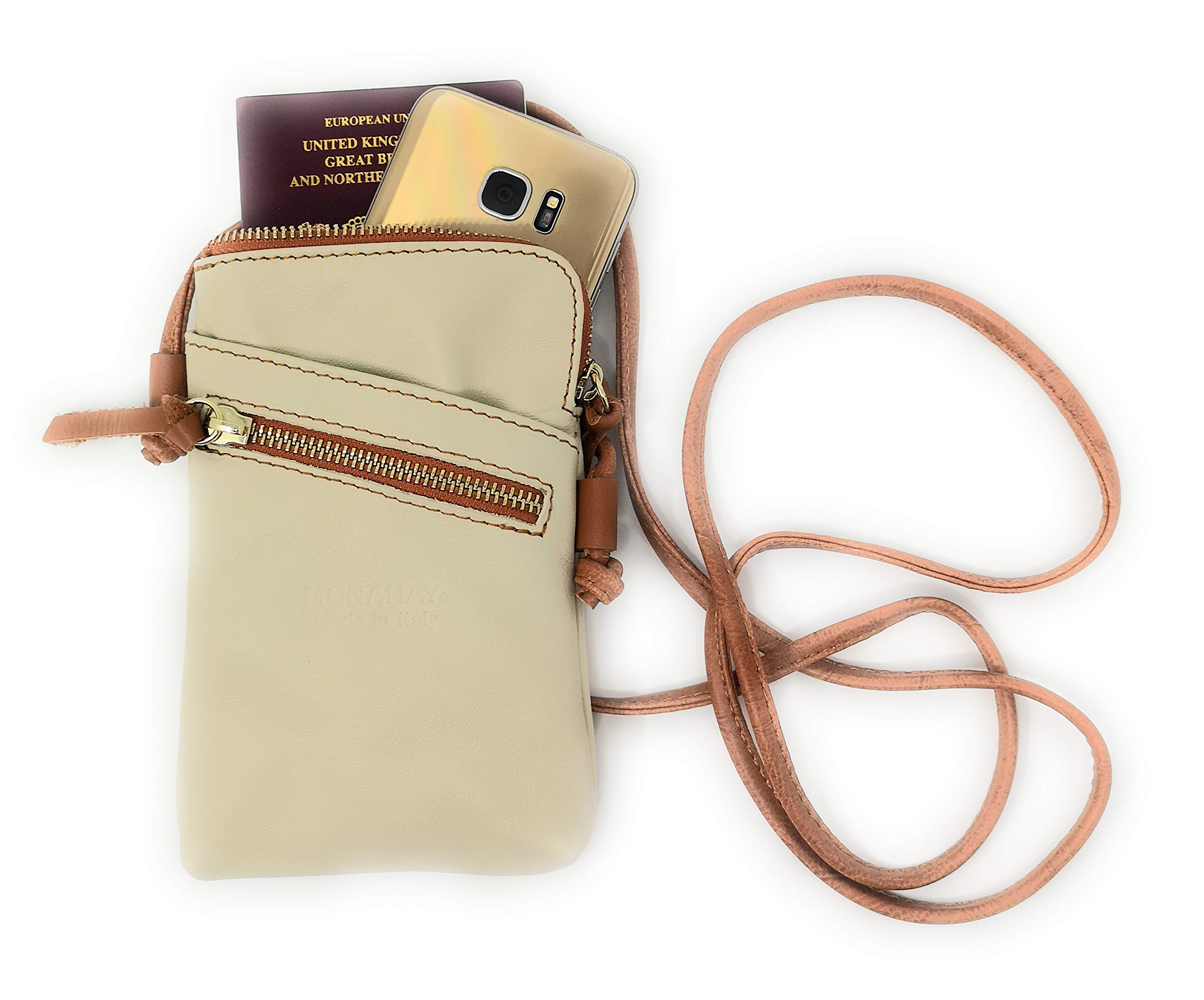 Monahay Small Italian Leather Cross Body Cell Phone and Passport Travel Pouch Bag MH9723 … (Metallic Gold)
