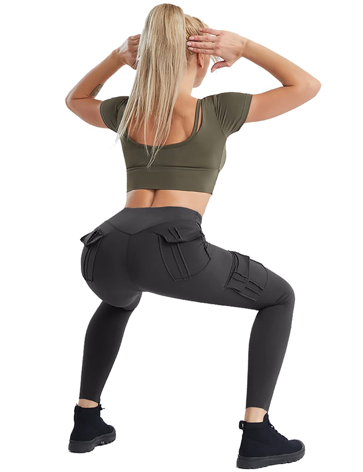 COMFY ONE Black Leggings with Pockets Tummy Control Back Pockets Yoga Workout Pants Gym Tights Leggings for Women SKU42cargoblackXL