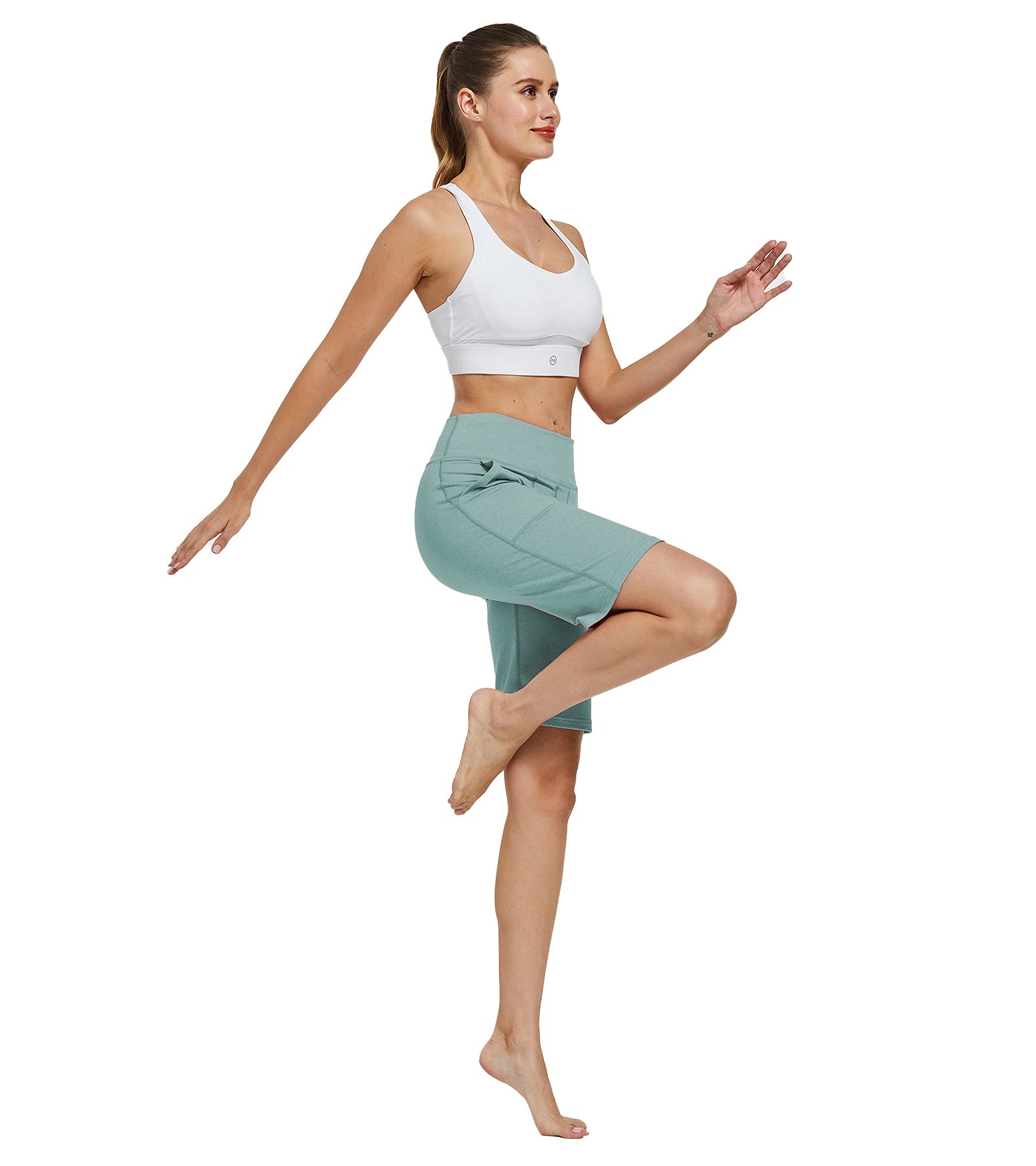 ChinFun Women's 10" High Waist Yoga Shorts Bermuda Shorts Athletic RunningWorkout Lounge Shorts with Deep PocketsLight Heather Blue XL