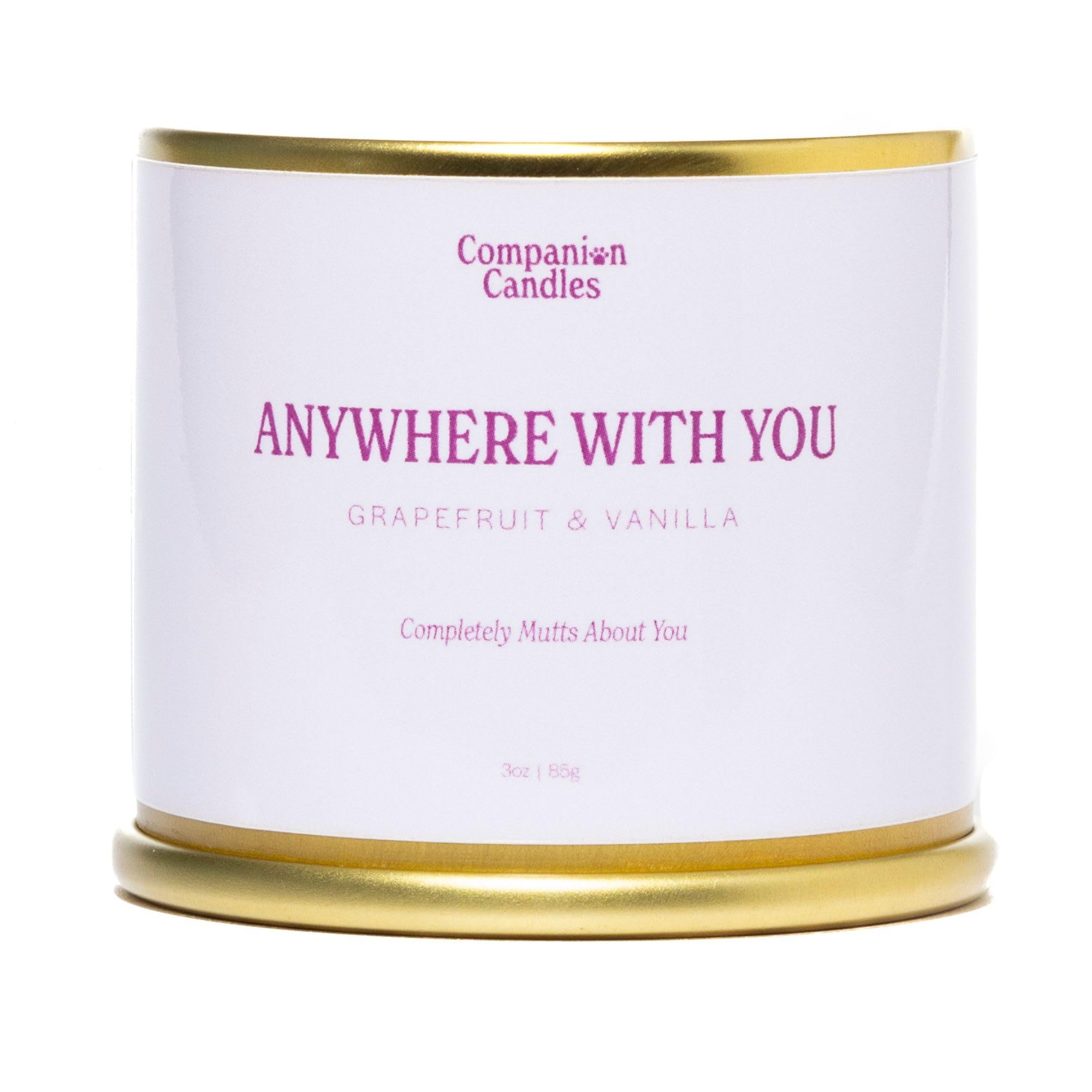 Companion Candles Pet Safe Wood Wick Candle - âAnywhere with Youâ Grapefruit & Vanilla, Coconut Soy Wax Scented, Over 50 Hr Burn Time, Non-Toxic, Women-Owned, Made in USA (3 oz.)