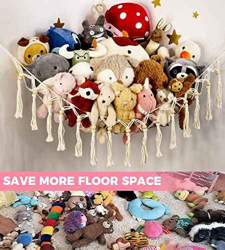 TCGPRO Stuffed Animal Storage - Stuffed Animal Hammock or Net Corner, Boho Stuffed Animal Holder with Tassels, Macrame Hanging Toy Organizer Ideas for Plush Display, Kids Room Bedroom Decor