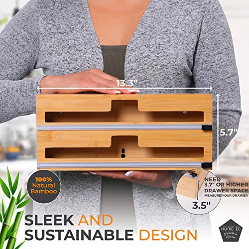 Home EC Foil and Plastic Wrap Organizer - Plastic Wrap Dispenser with Cutter, aluminum foil dispenser, aluminum foil organization and storage, Bamboo plastic saran wrap dispenser with cutter, 12" Roll