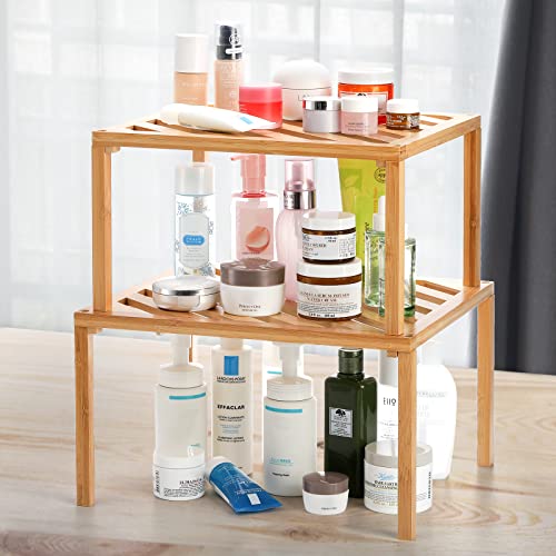 Hacaroa 2 Pack Stackable Bamboo Shelf, Expandable Cabinet Shelf Organizers, Sturdy Kitchen Counter Shelves, Stacking Shelves for Pantry, Countertop, Bathroom, 2 Size