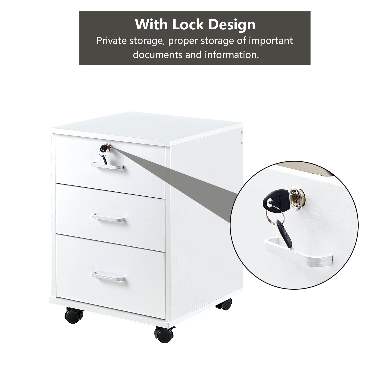 CLIPOP Mobile Office Cabinet with 3 Drawers(1 Lockable), Under Desk Rolling Vertical File Cabinet with 4 Wheels for Letter/Legal /A4 Size Documents, Wooden Storage Cabinet for Home Office (White)